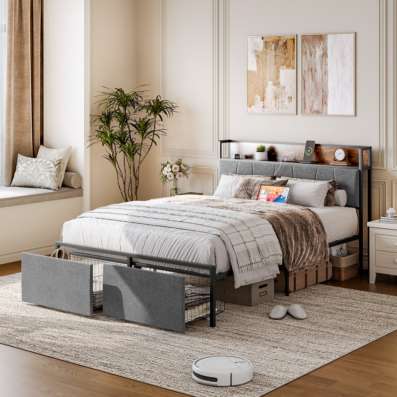 Winston Porter Aabia Upholstered Bed Frame with 2 Storage Drawers Storage Headboard with Charging Station Wayfair